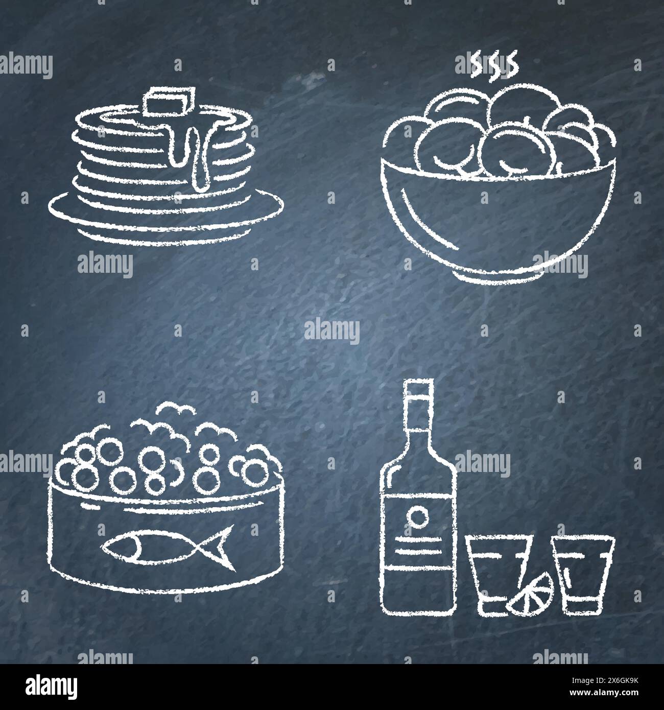 Russian national food icon set on chalkboard. Pancakes, red caviar ...