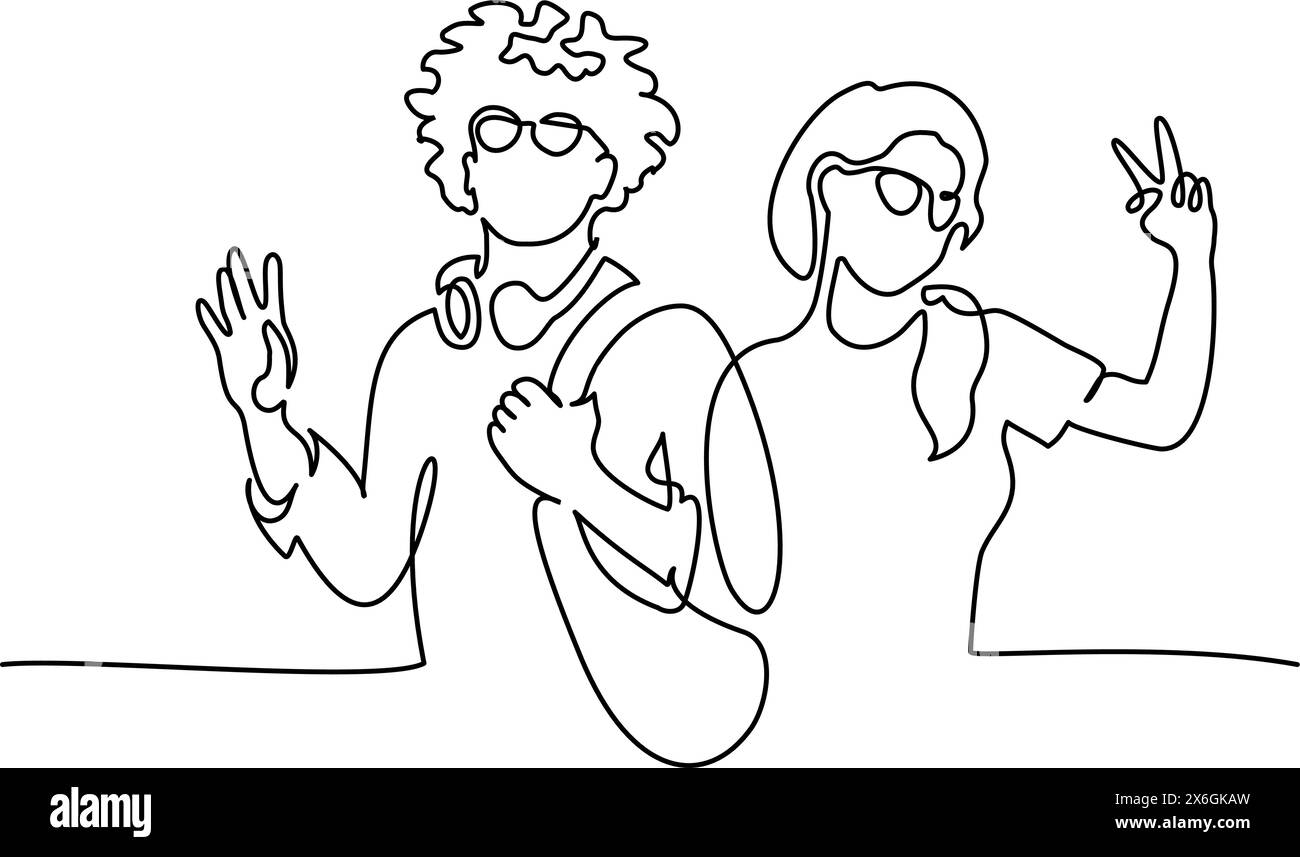 Boy and girl students greeting Hands up. Continuous one line drawing ...
