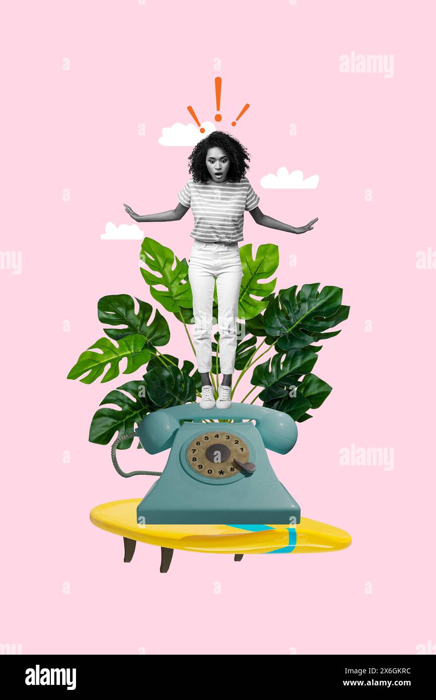 Vertical photo collage of astonished american girl stand retro ...