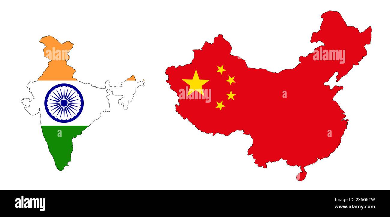 China and India in national flag colors. Map illustration of Asian ...