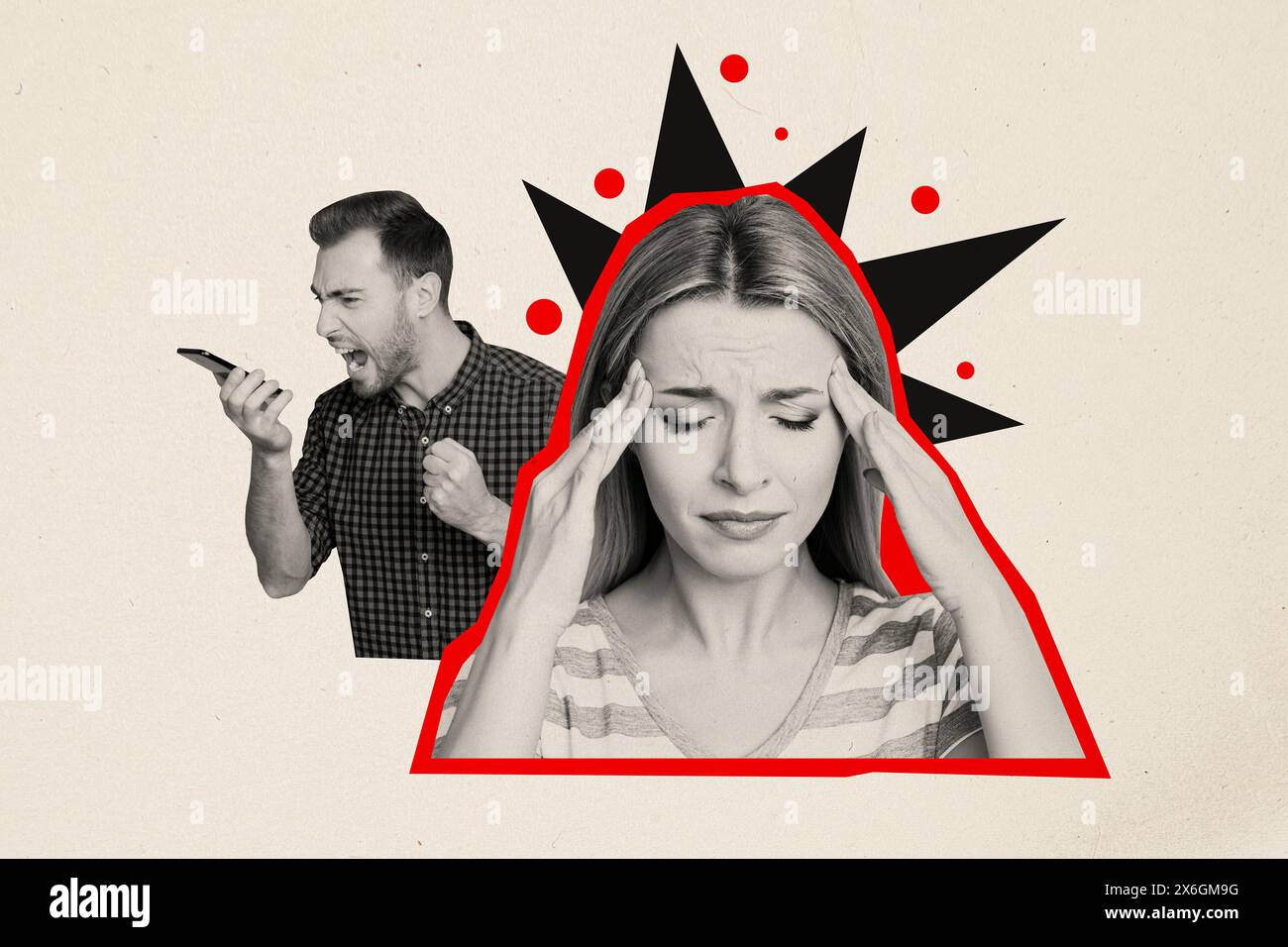 Creative abstract template collage of angry scolding man female suffer ...