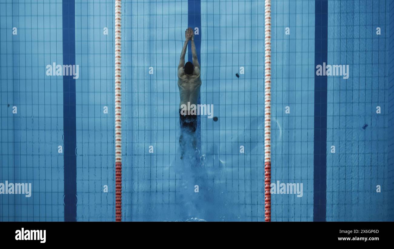 Aerial Top View Male Swimmer Jumping into Swimming Pool, Diving ...