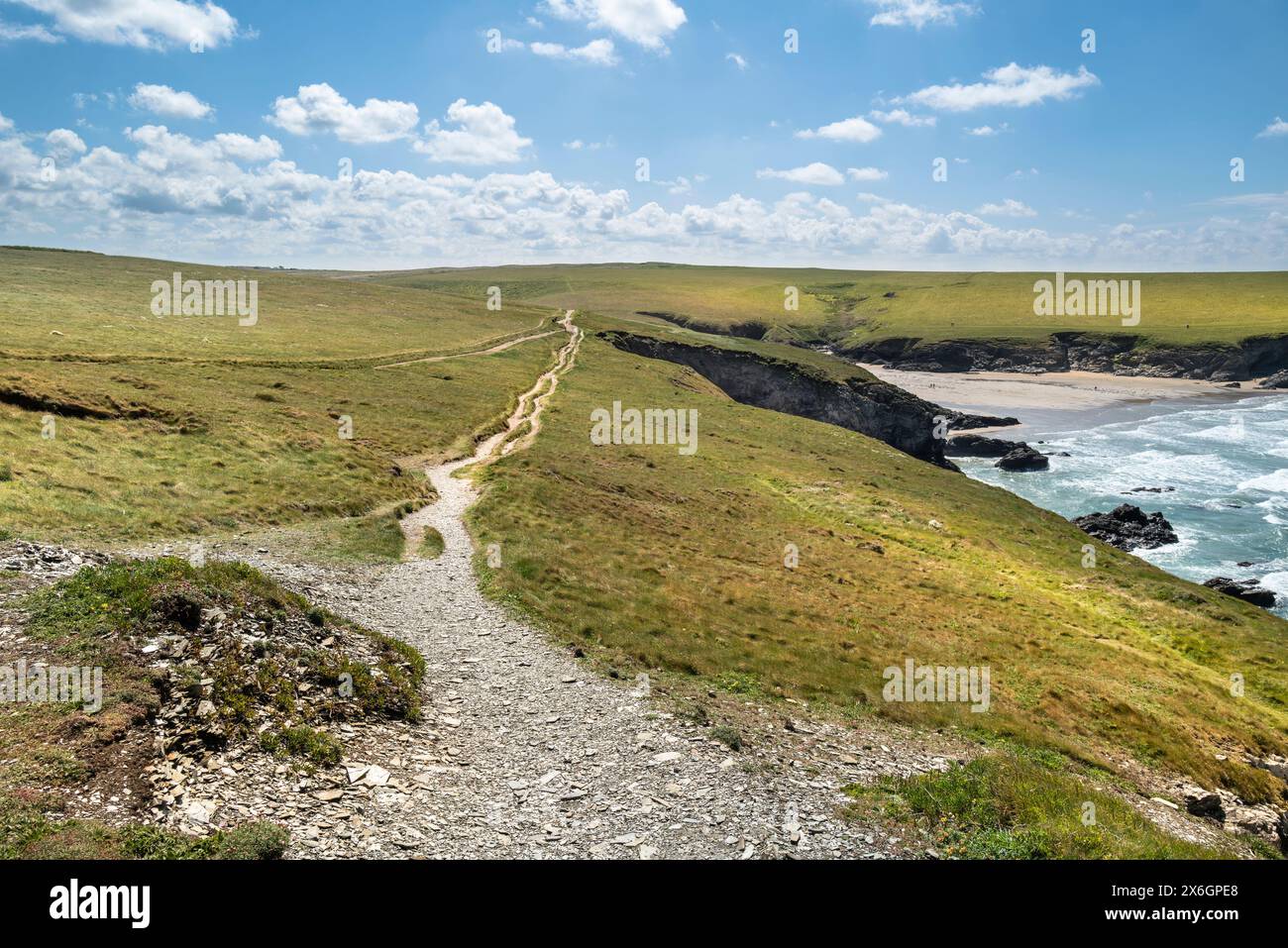 The worn eroded South West Coast path on the coast of Pentire Point ...