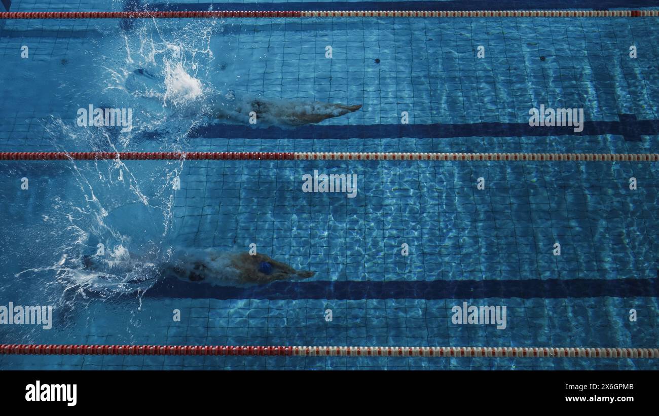 Swim Race: Two Professional Swimmers jump dive in Swimming Pool ...
