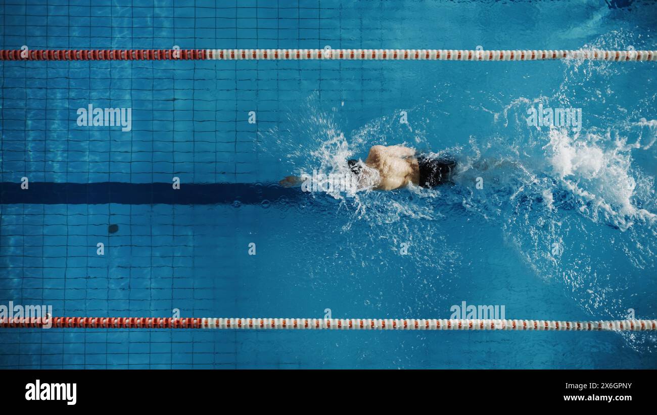 Aerial Top View Male Swimmer Swimming in Swimming Pool. Professional ...