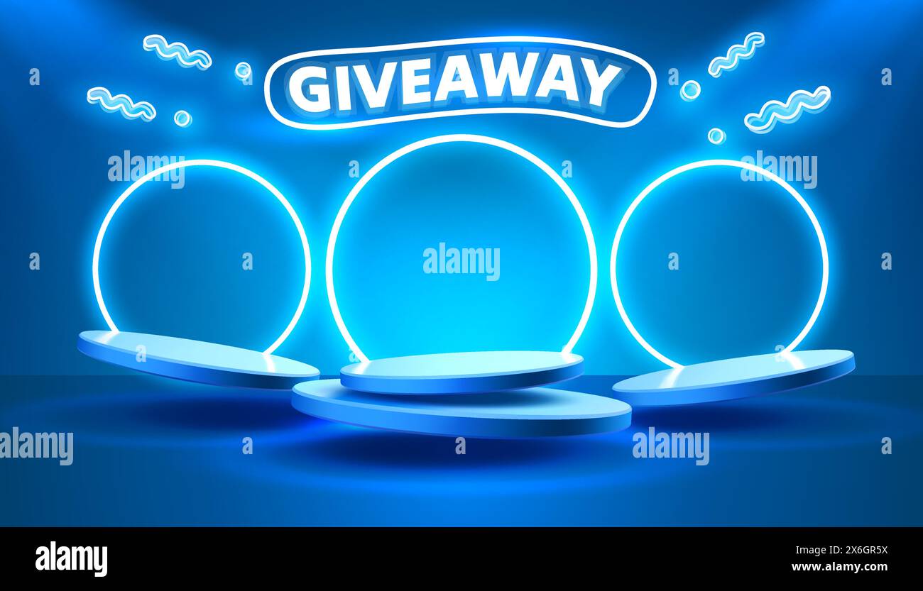 Giveaway neon podium, shop mega discount, special promo frame. Vector ...