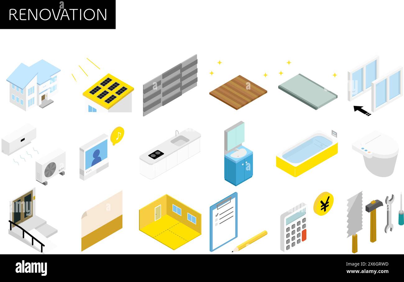 Icon set for home renovation, isometric illustration, Vector ...