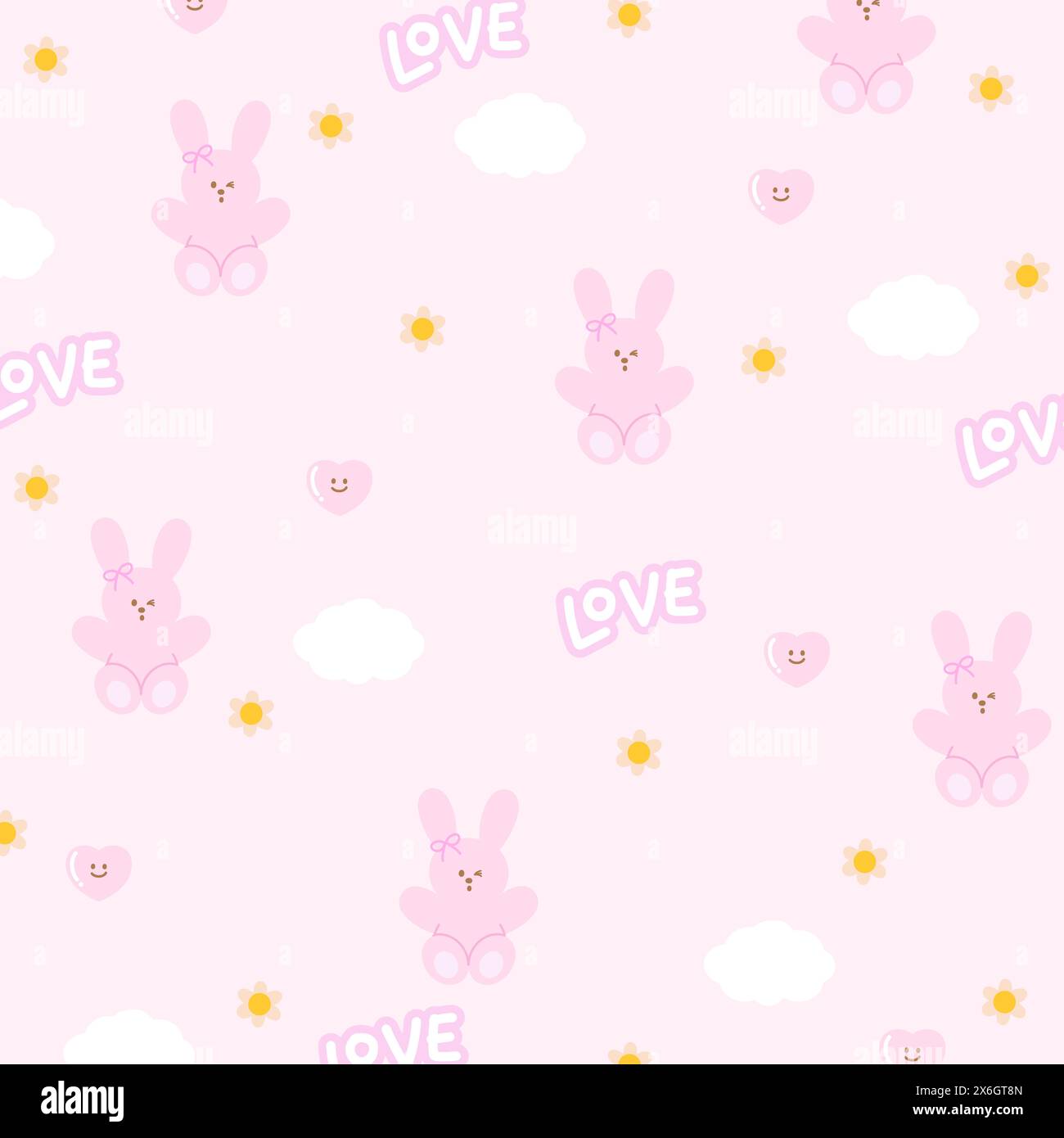Illustration of bunny, flower, heart on pastel pink background for ...