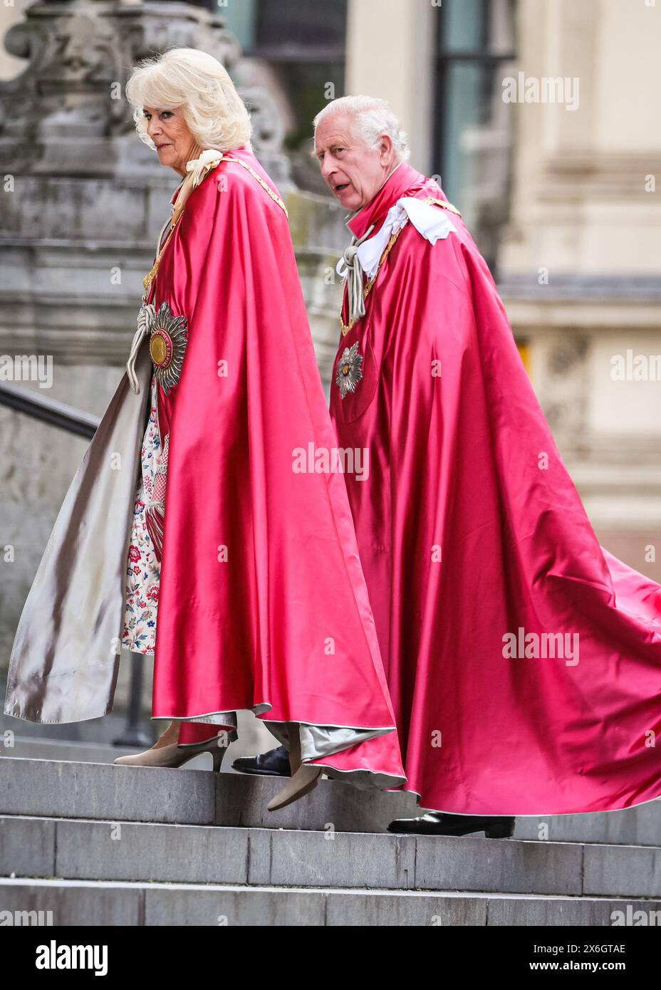 London, UK. 15th May, 2024. The king and queen arrive in their ...