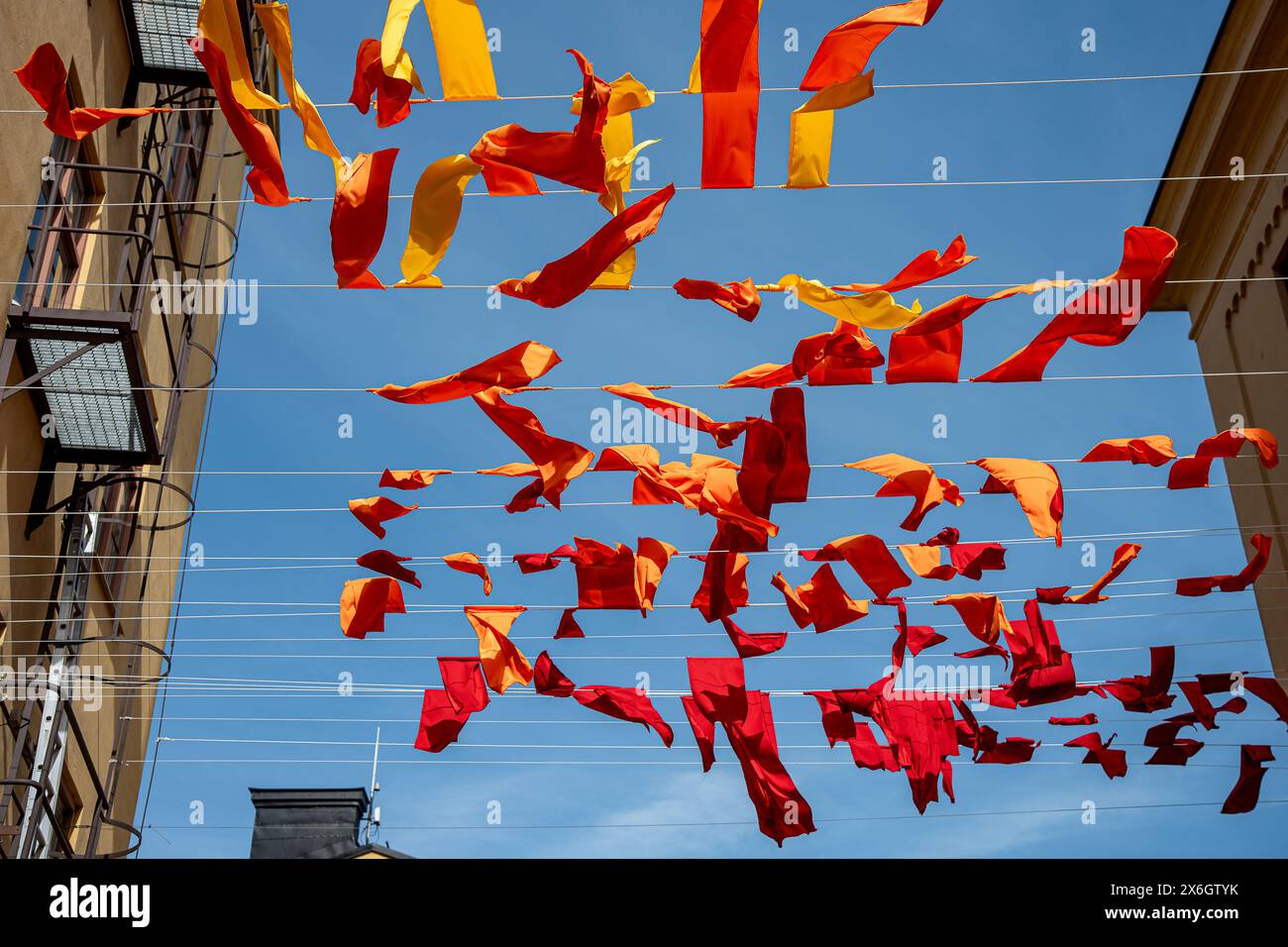 Colourful pennants at historic city block Knäppingsborg in Norrköping ...