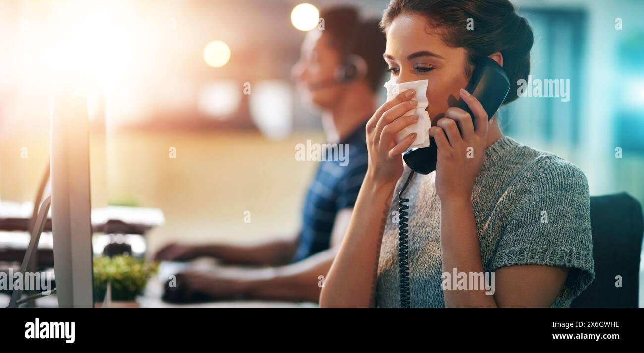 Sick, phone call and woman blowing nose in office for allergies, virus ...