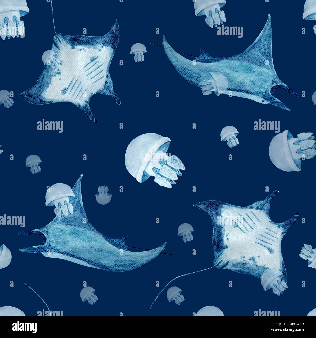 Manta ray and jellyfish watercolor seamless pattern on blue. High ...