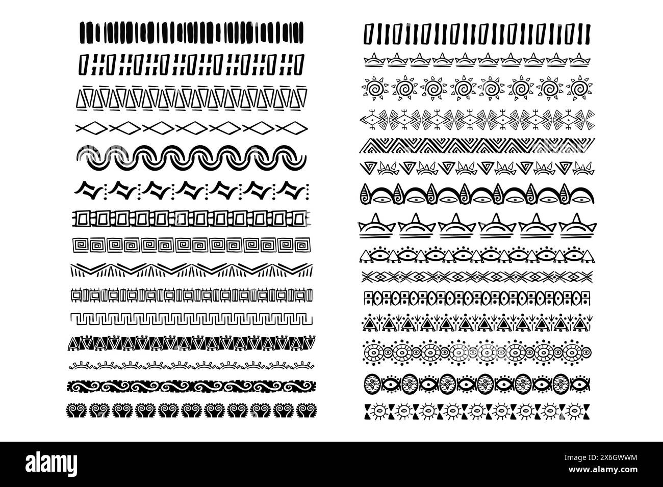 Set aztec tribal motive border in doodle hand drawn style from ...