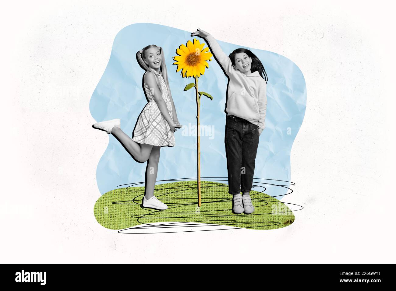 Composite collage image picture of two black white colors girls measure ...