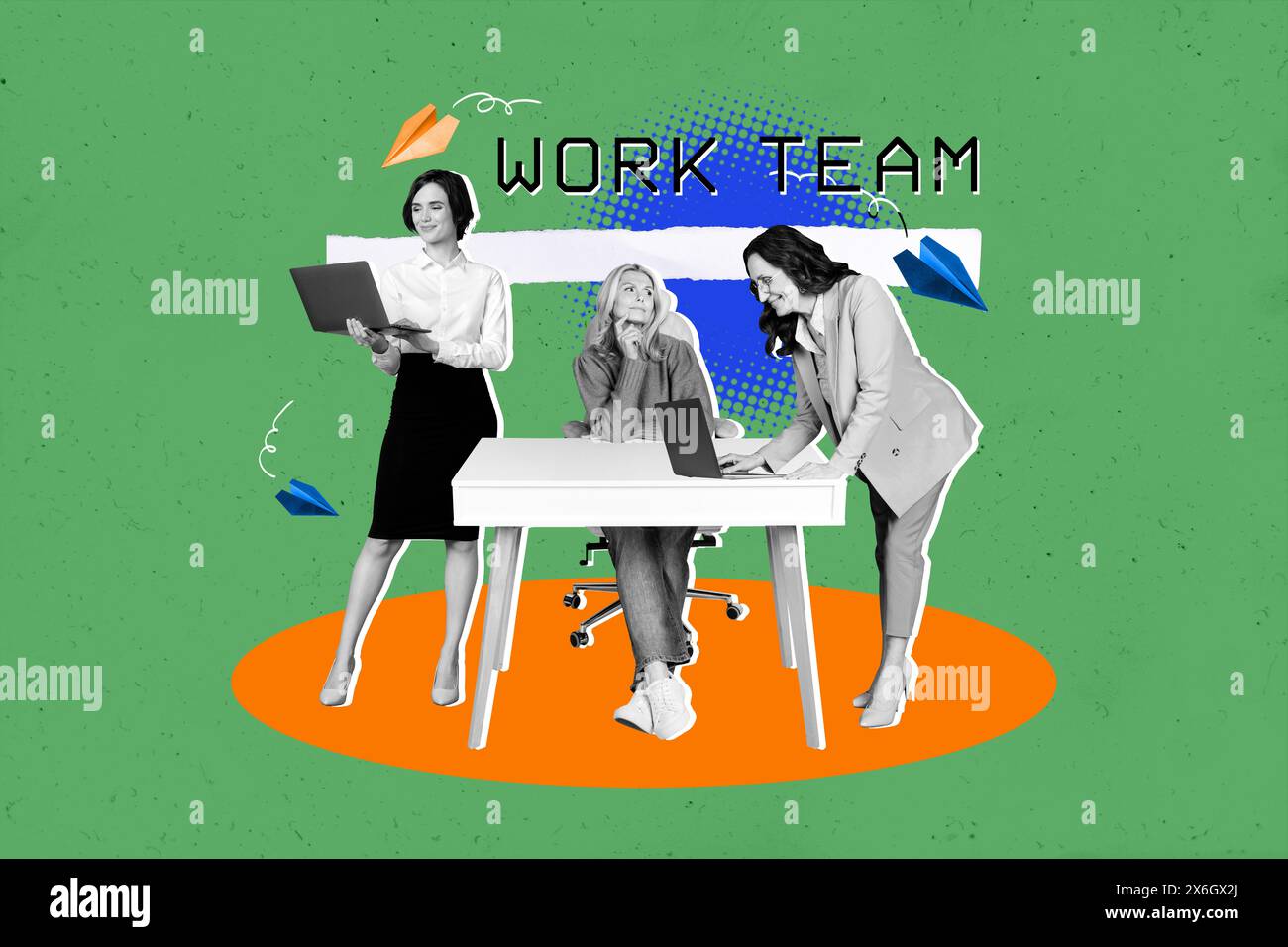 Composite photo collage of happy businesswoman cooperative project ...