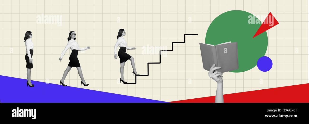 Panoramic collage picture young businesswoman go walk upstairs ...