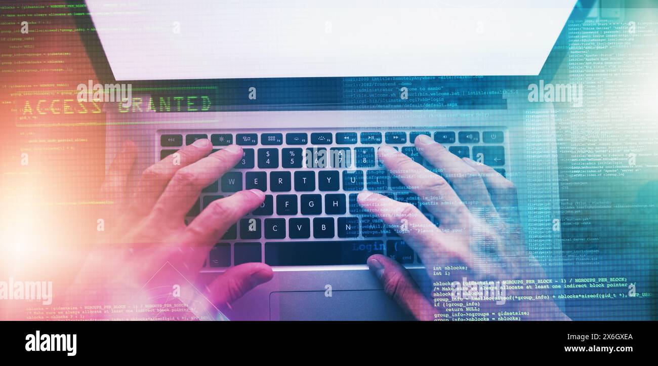 Hands, holographic and person with laptop, programmer and coding with internet, connection and ...