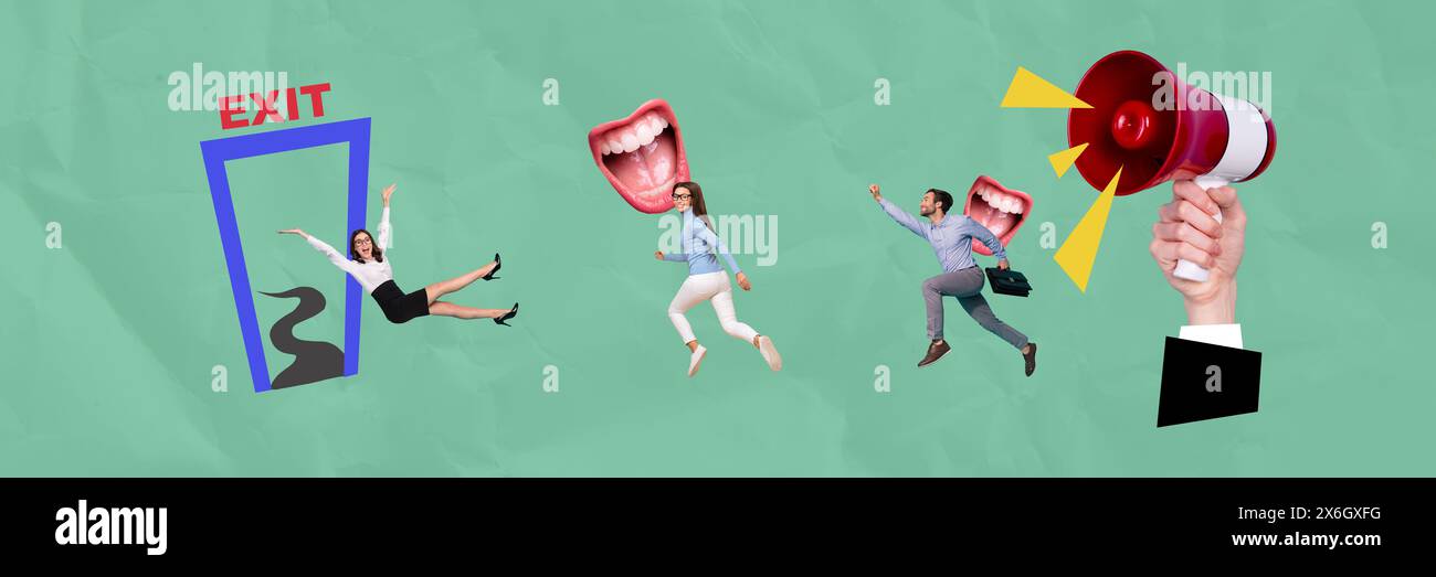 Panoramic collage picture young workers bullhorn announce information ...