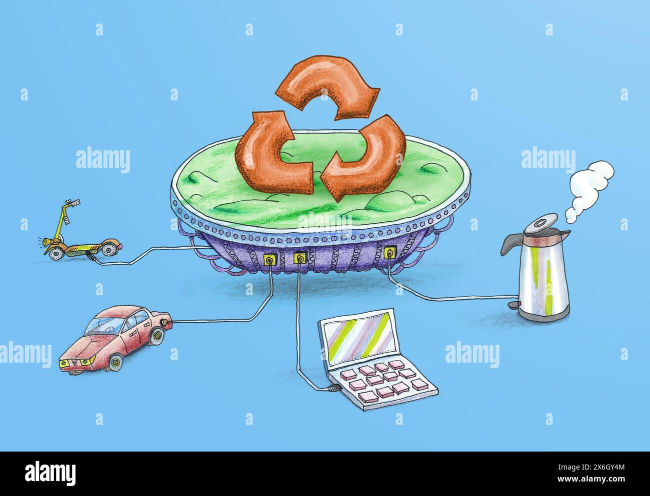 Electricity illustration island connected to common things recycle sign ...