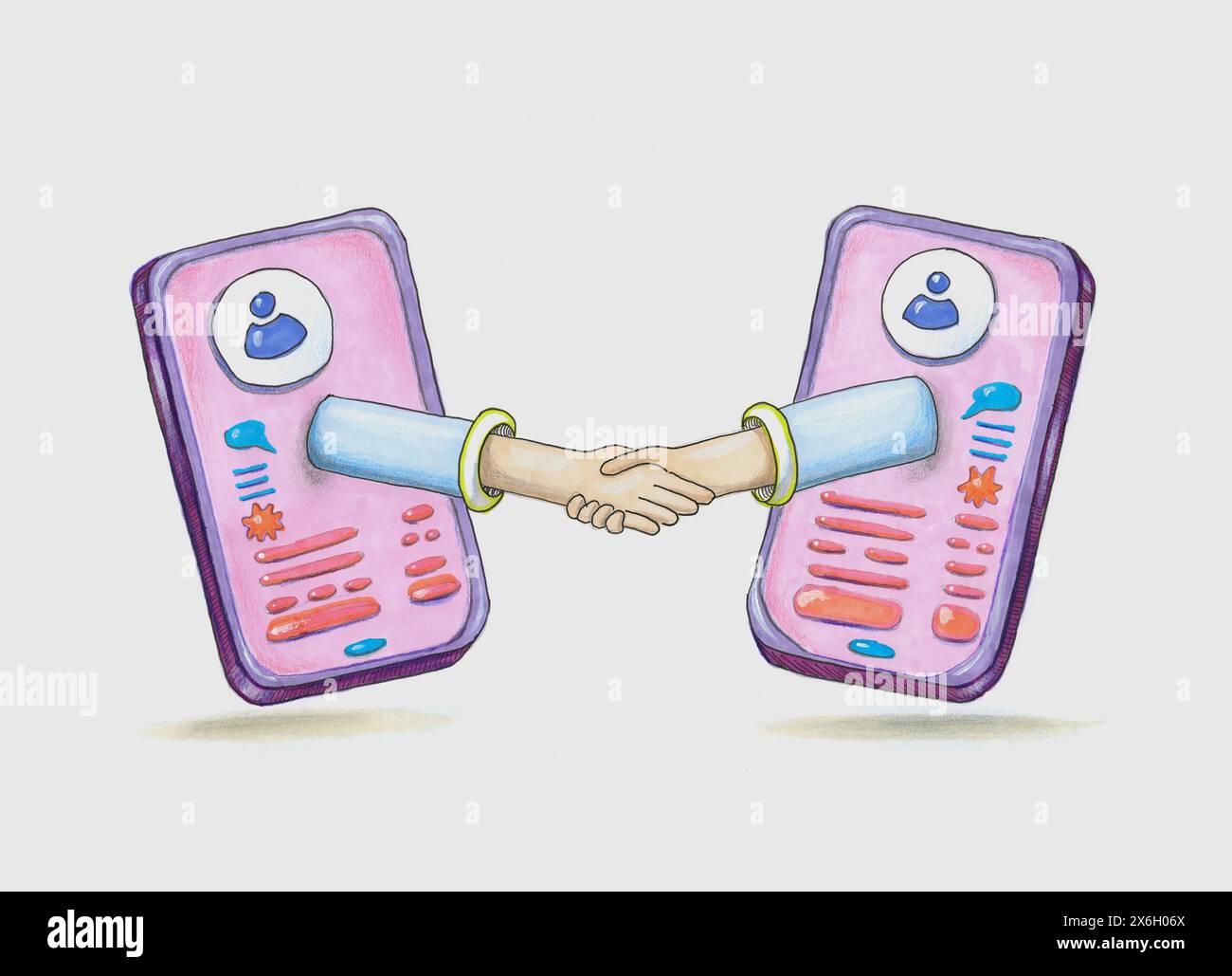Two mobiles handshake communication illustration drawing Stock Photo ...