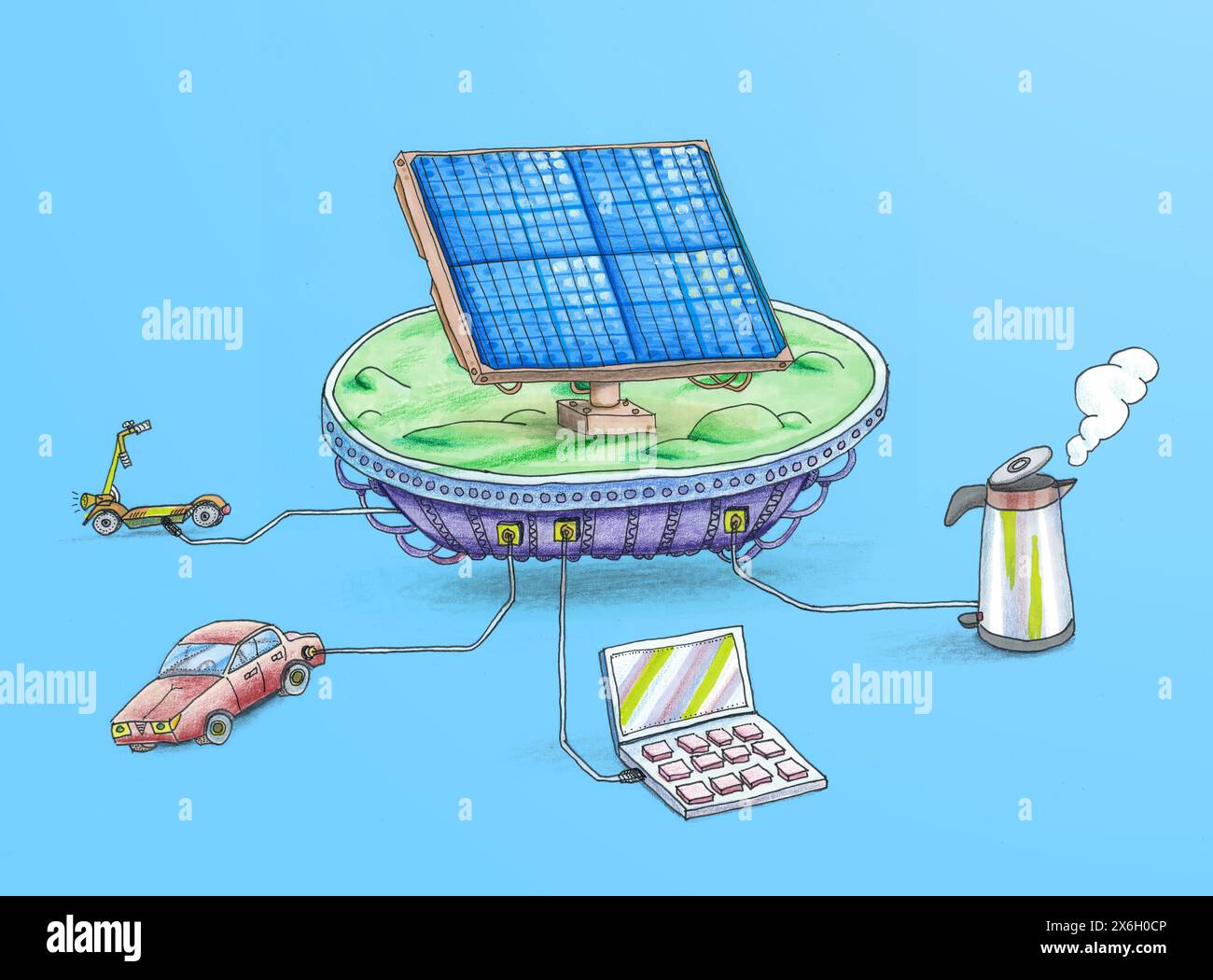 Electricity illustration - island with solar panels connected to common ...