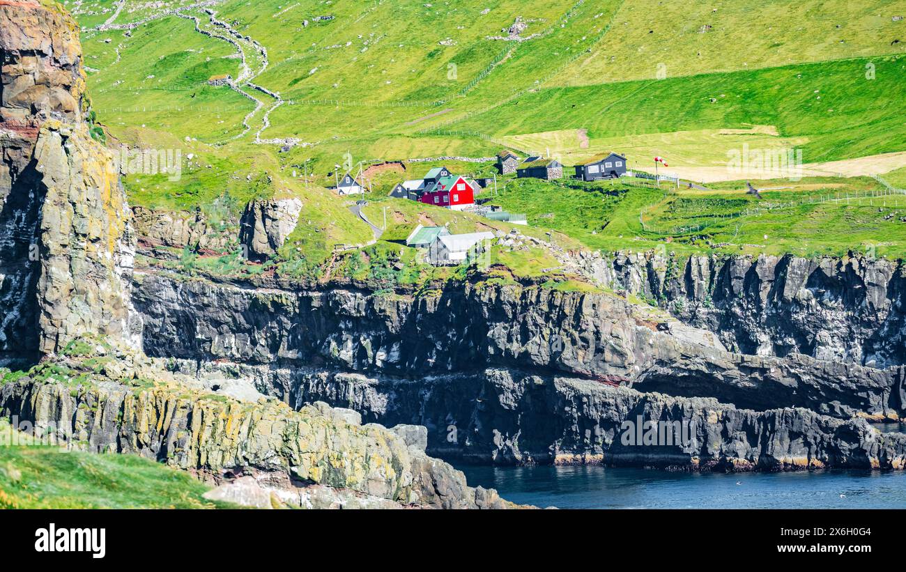 Mykines, Faroe Islands. Panoramic view of Mykines island village, bird ...