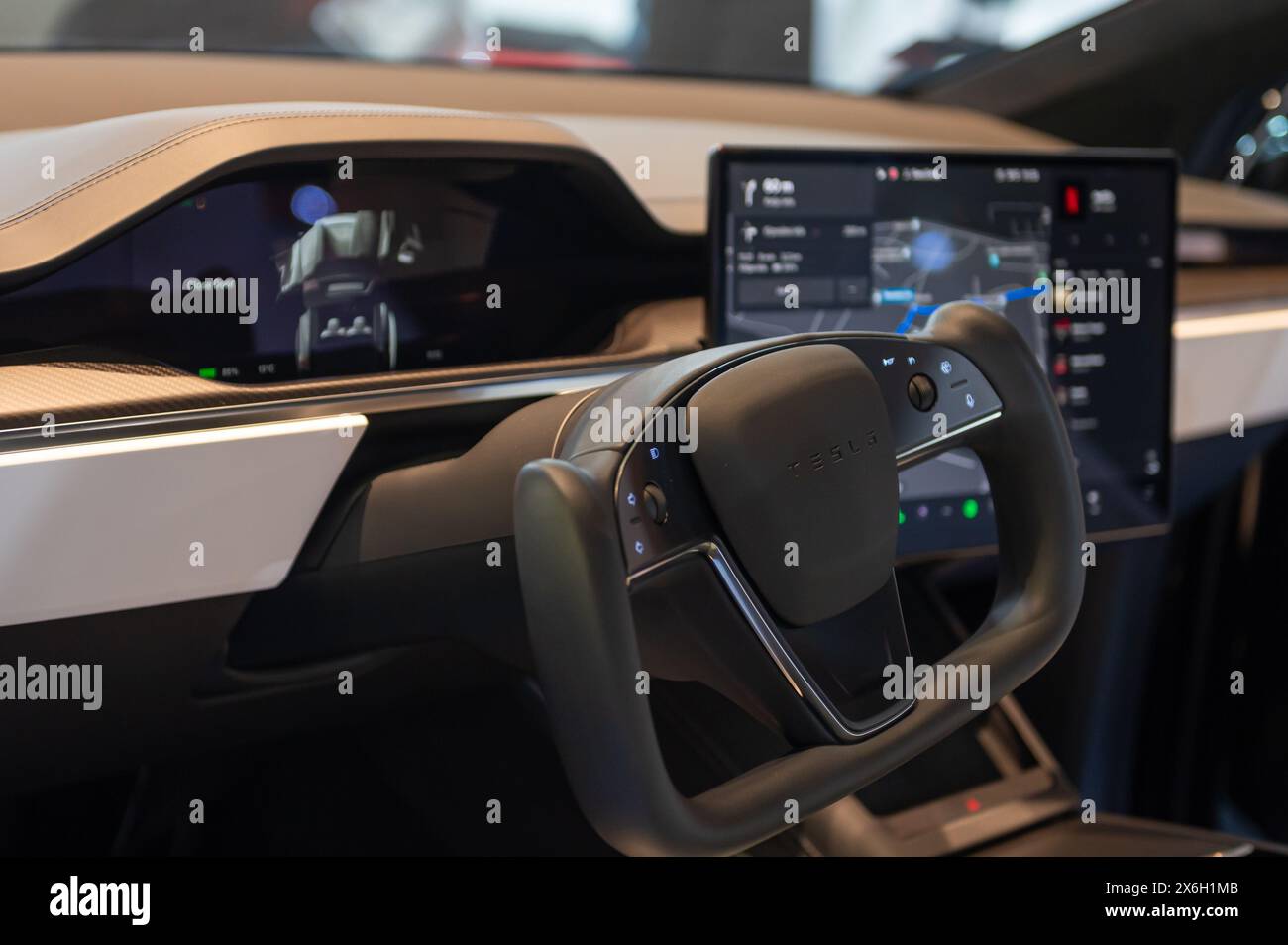 Riga, Latvia, April 19, 2024: interor of Tesla Model X. Tesla screen ...