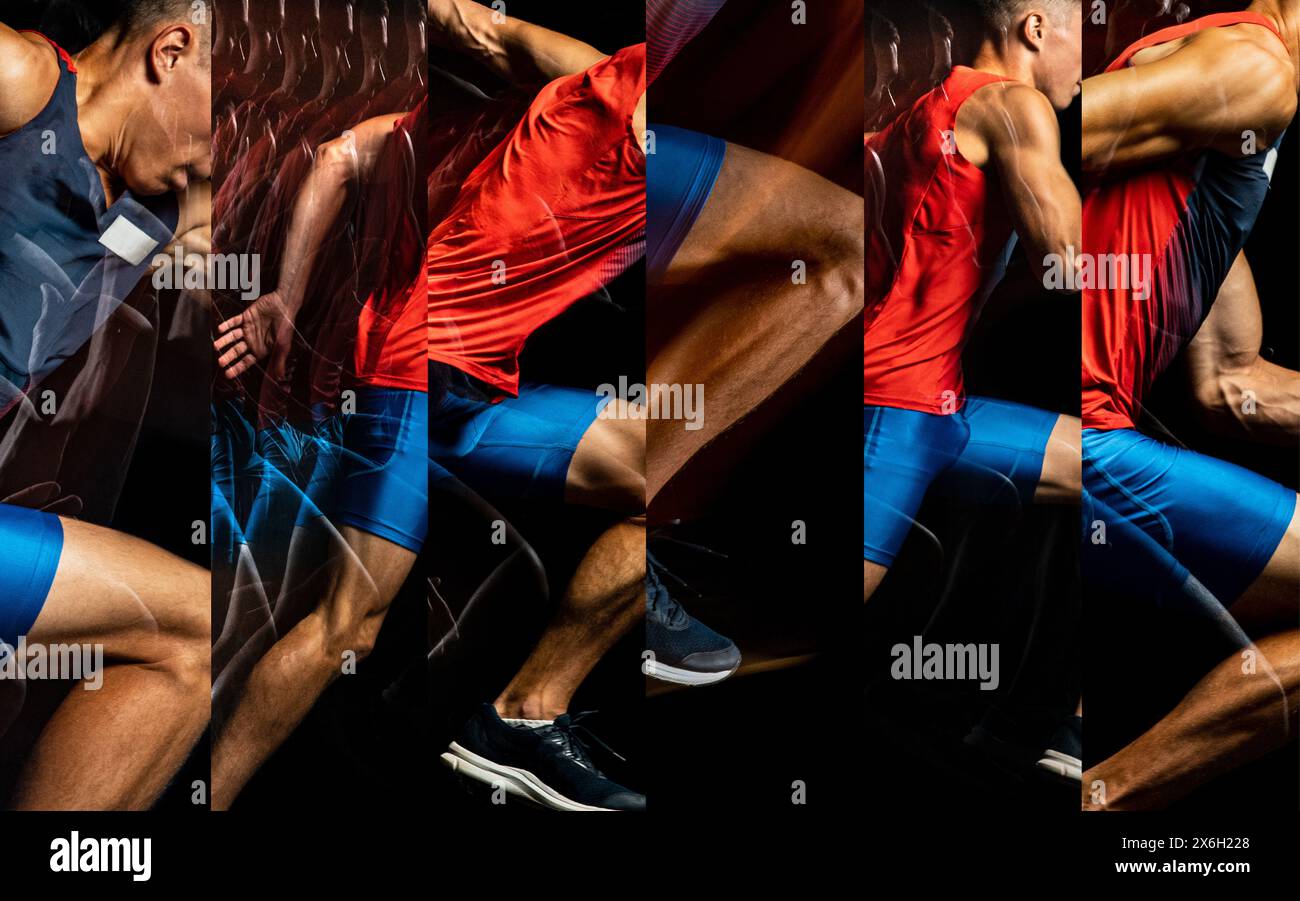 Collage. Male runner, sprinter in action in multiple dynamic poses ...