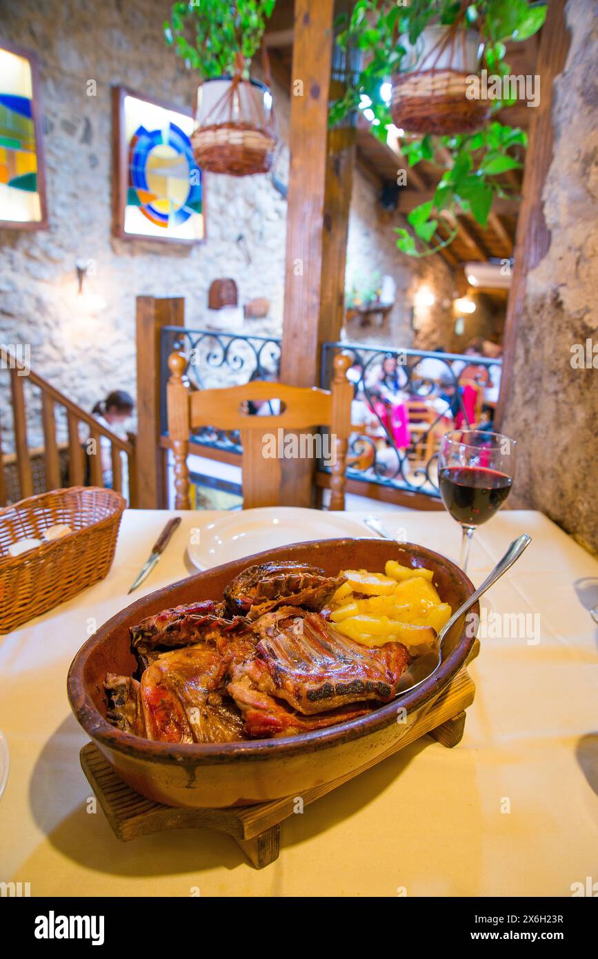 Roast lamb in a restaurant. Rascafria, Madrid province, Spain Stock ...