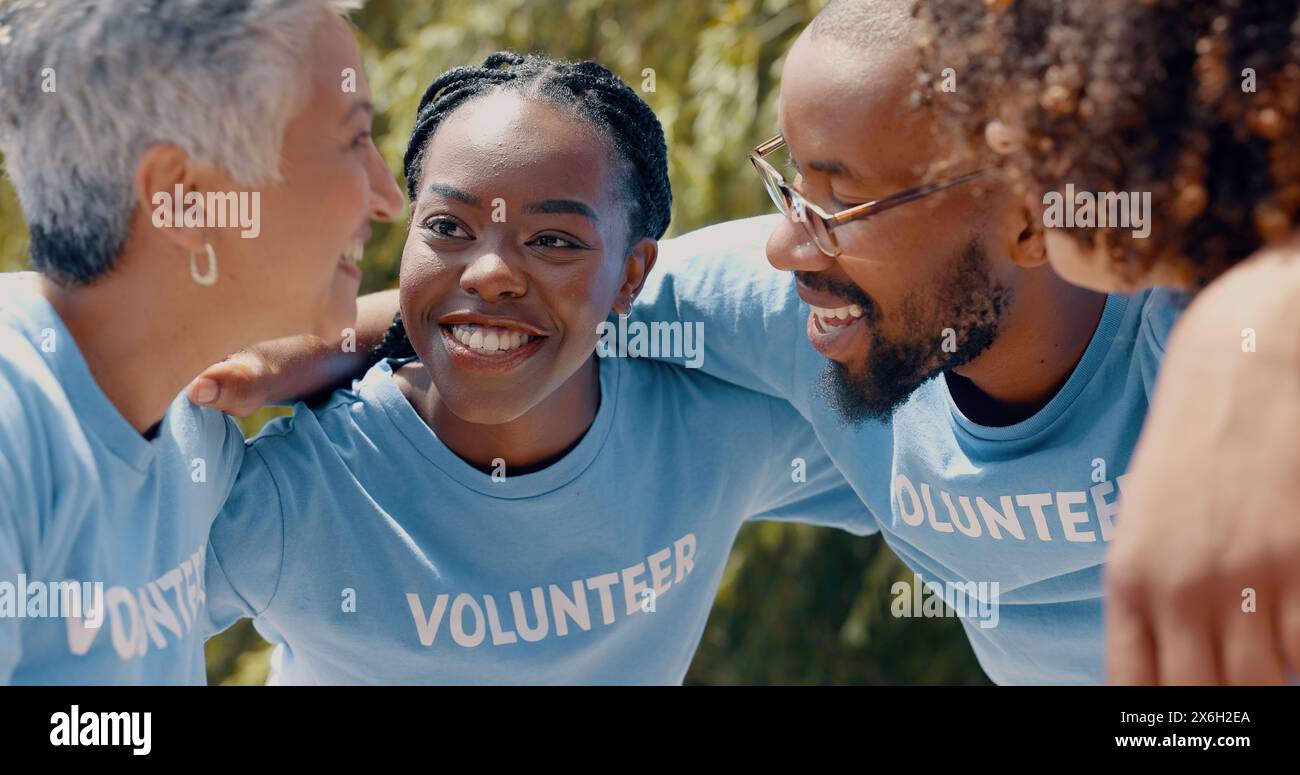 Community, huddle and volunteer team talking outdoor together for ...