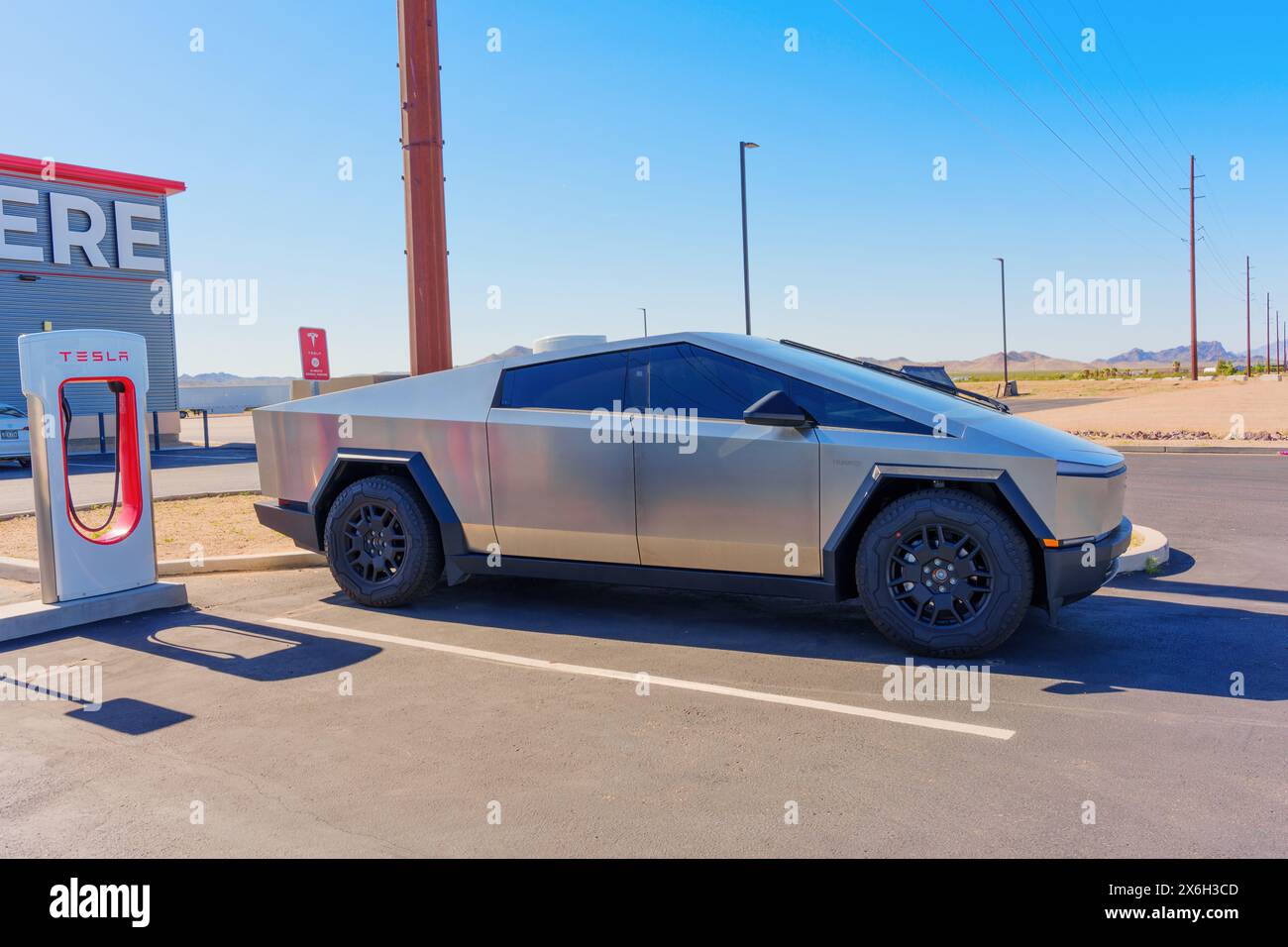 White Hills, Arizona - April 14, 2024: Side View of a Tesla Cybertruck ...