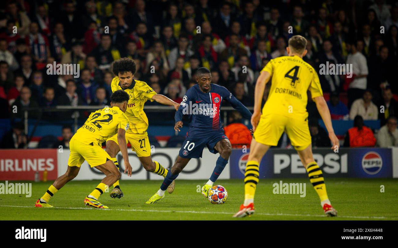 Paris, France. 7th Mai 2024. Ousmane Dembele (Paris) Ian Maatsen (BVB ...