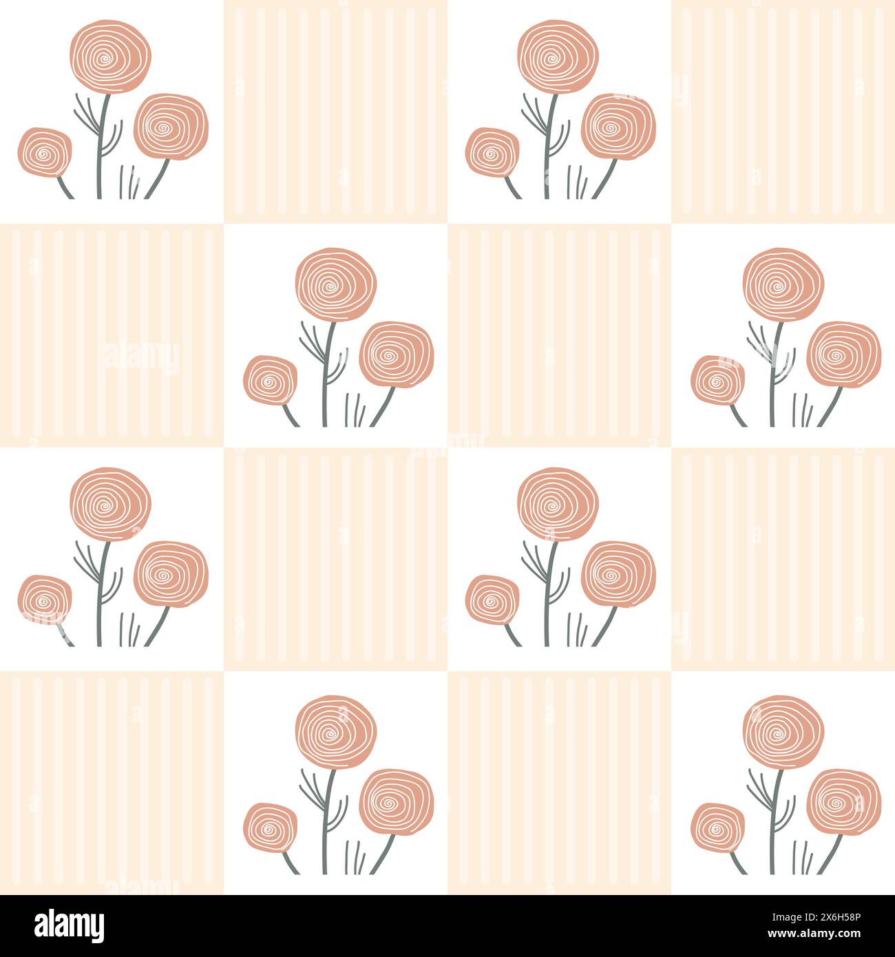 Seamless pattern with cartoon doodle rose flowers on checkerboard ...