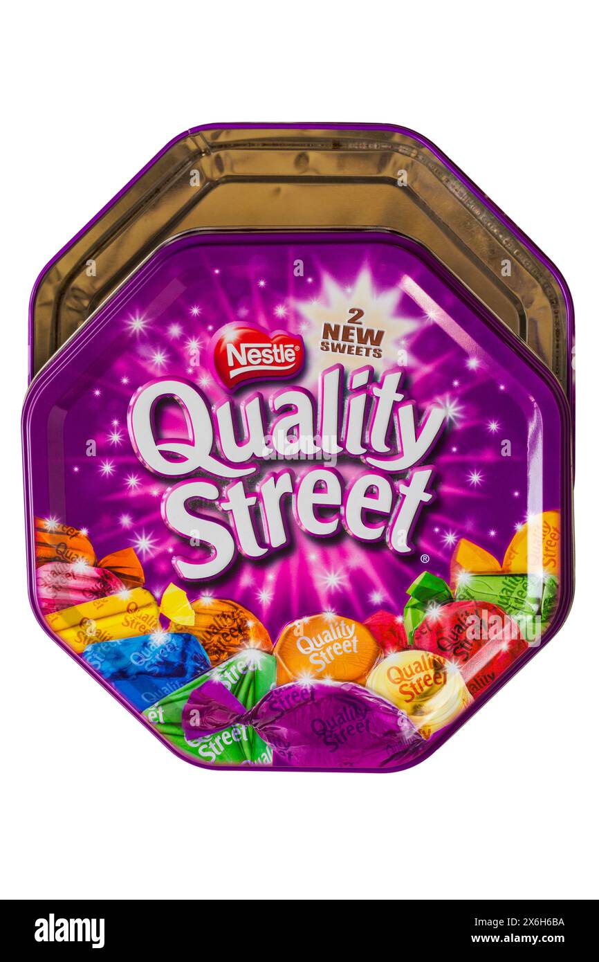 Empty Nestle Quality Street chocolates sweets metal tin isolated on ...