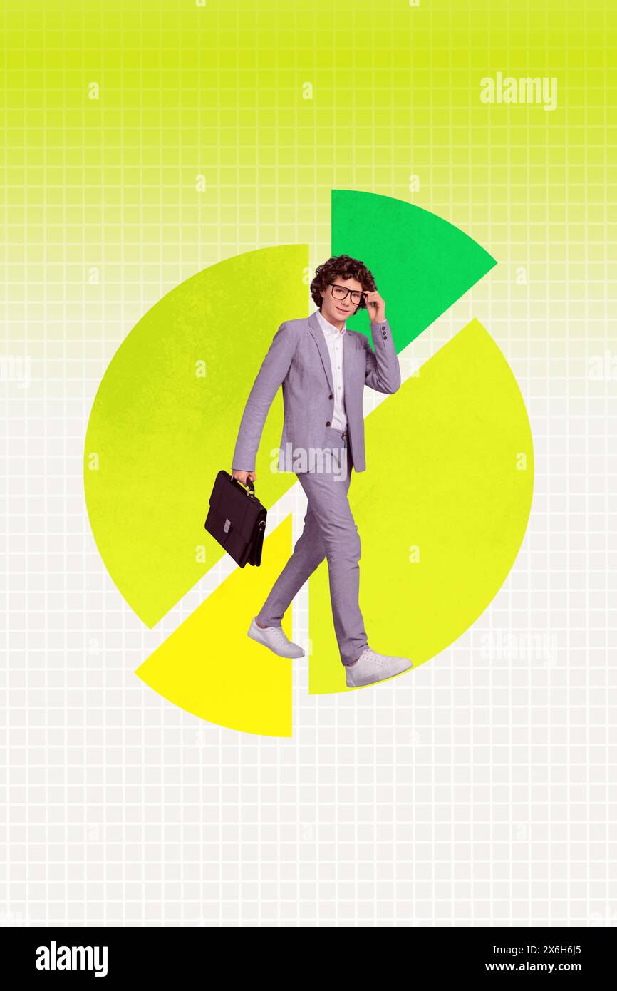 Vertical photo collage of smile nerd guy wear formal suit carry ...