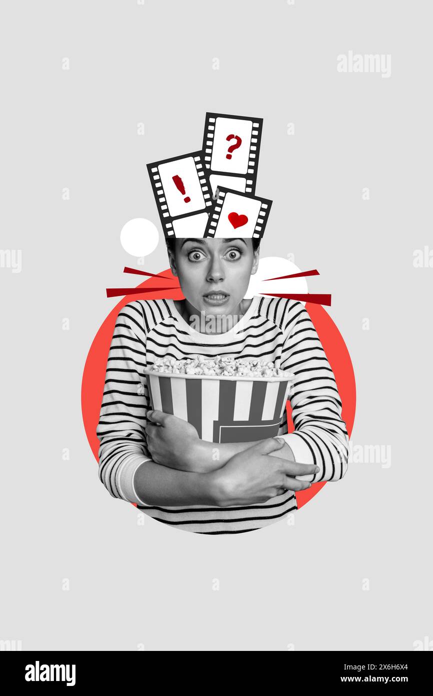 Vertical collage image young girl amazed shocked fear thriller movie ...