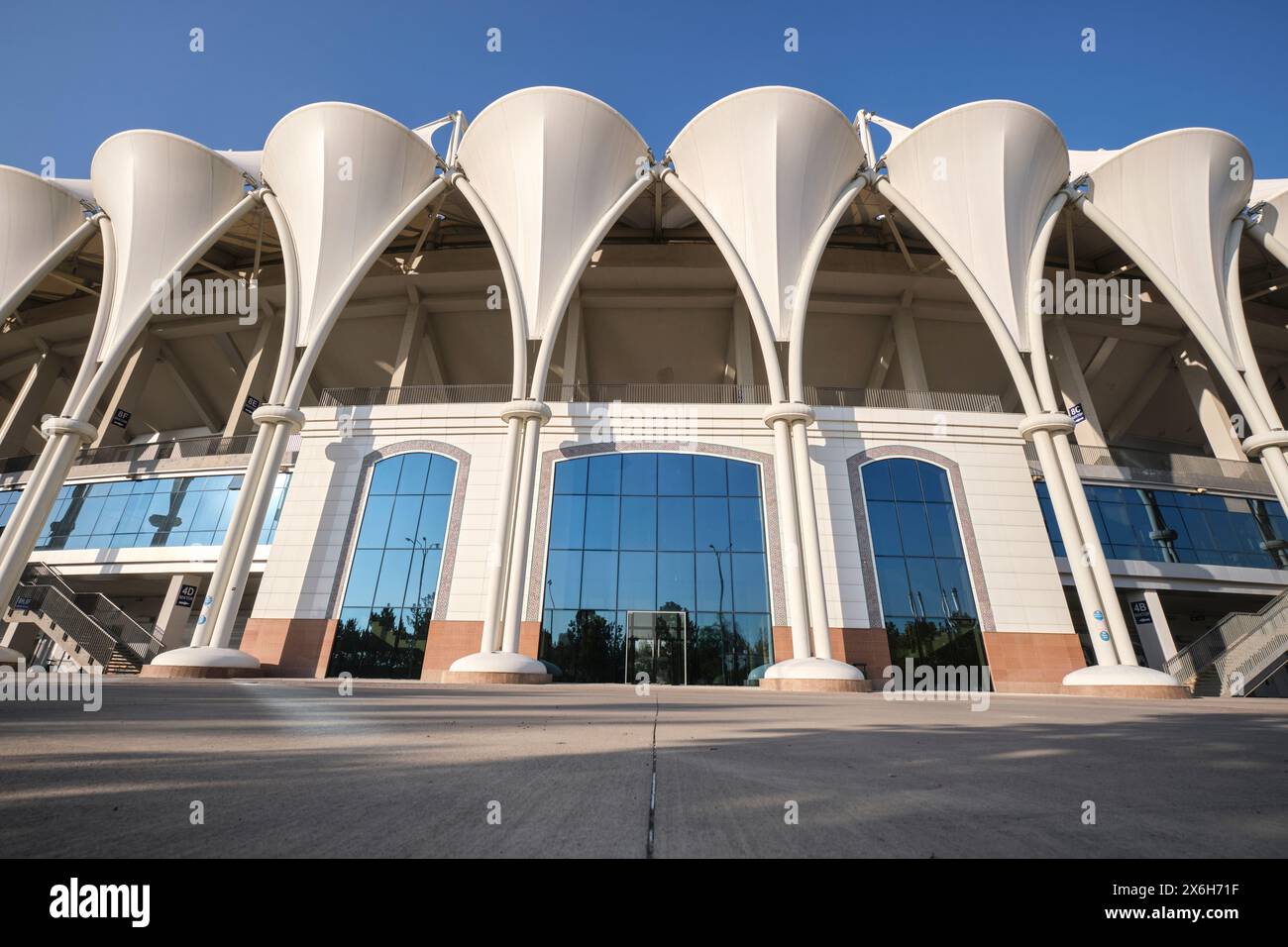 Exterior view of the curvy, white, fabric, textile design. At the ...