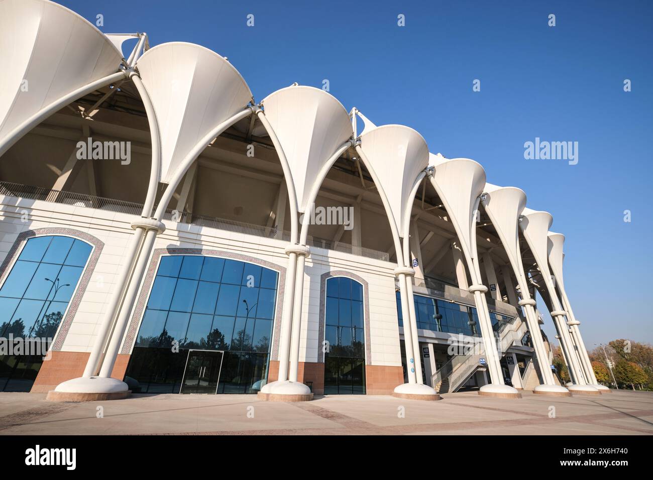 Exterior view of the curvy, white, fabric, textile design. At the ...