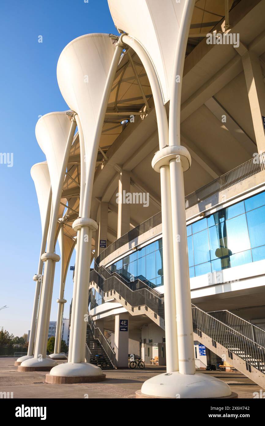 Exterior view of the curvy, white, fabric, textile design. At the ...