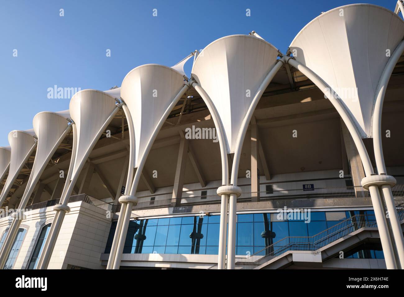 Exterior view of the curvy, white, fabric, textile design. At the ...