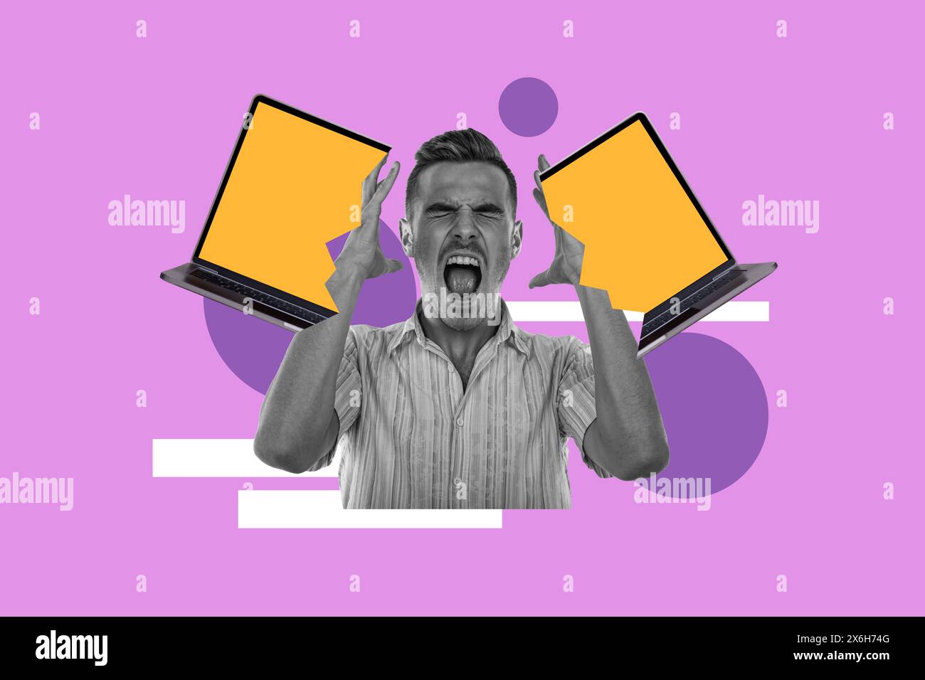 Creative collage image young irritated man employee computer laptop ...