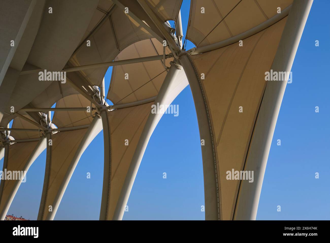 Exterior view of the curvy, white, fabric, textile design. At the ...