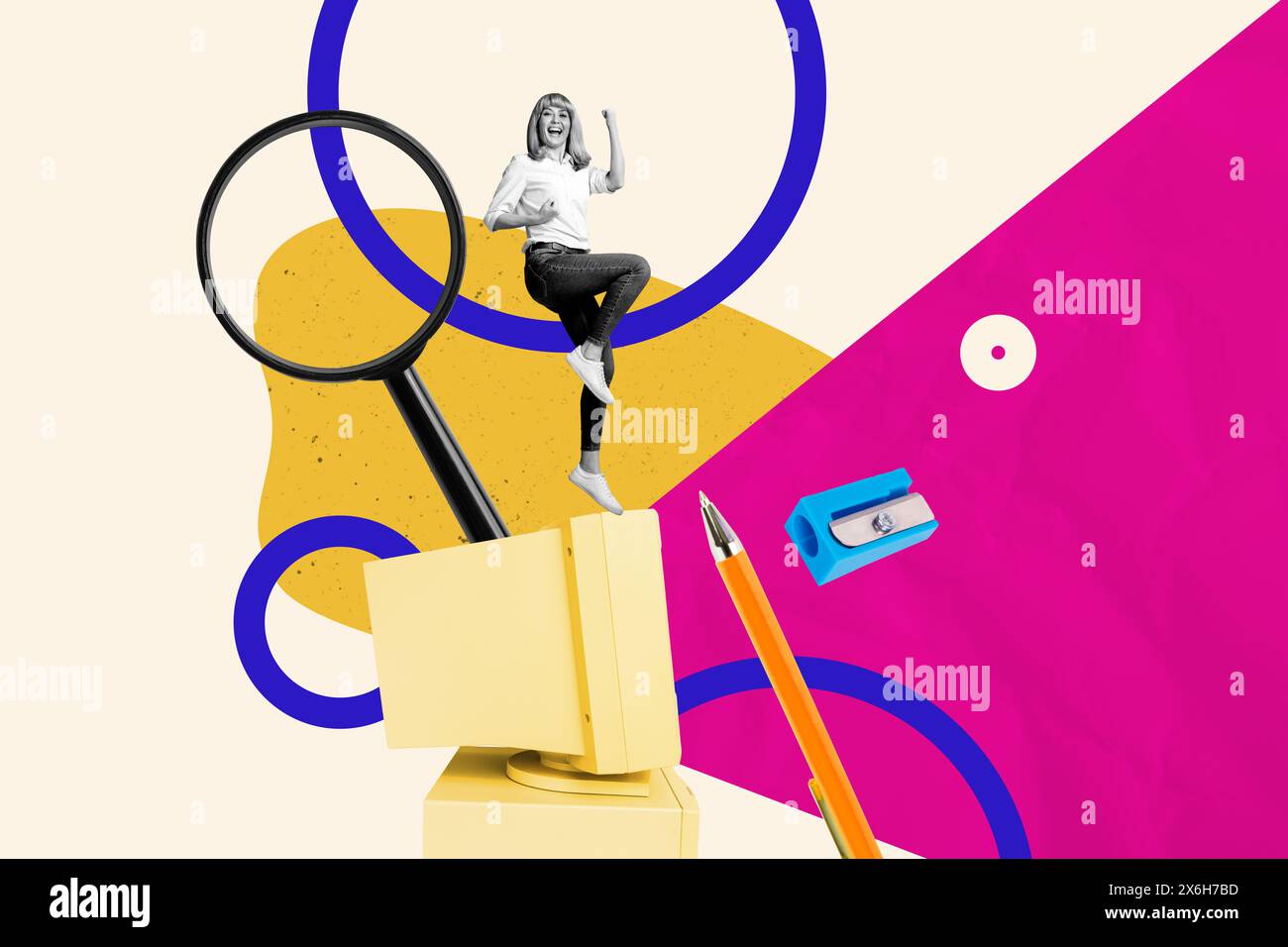 Composite collage picture image of winning female computer magnifier ...