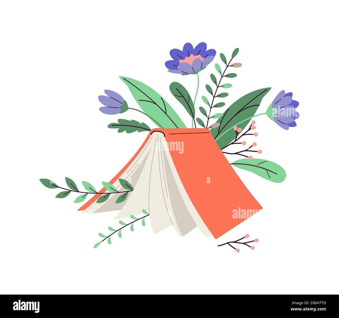 Open book with blooming wild flower sand leaves 2D cartoon objects ...
