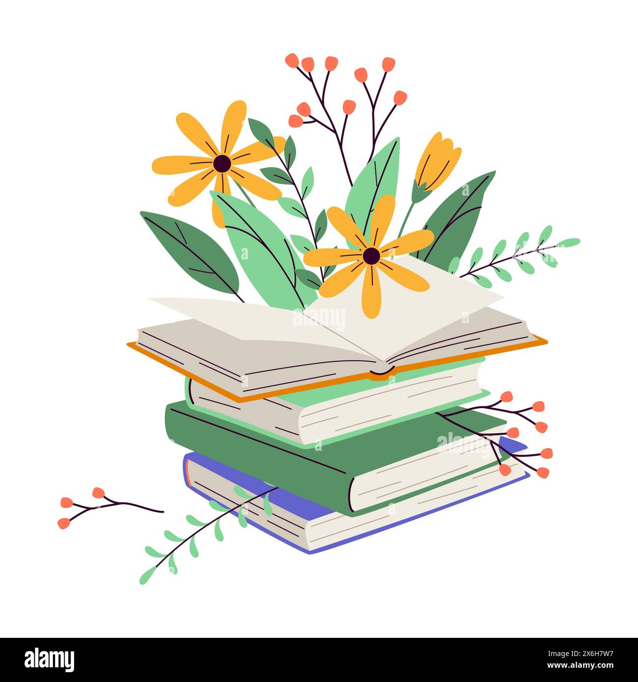 Books stack with fresh flower sand leaves 2D cartoon objects. Home ...