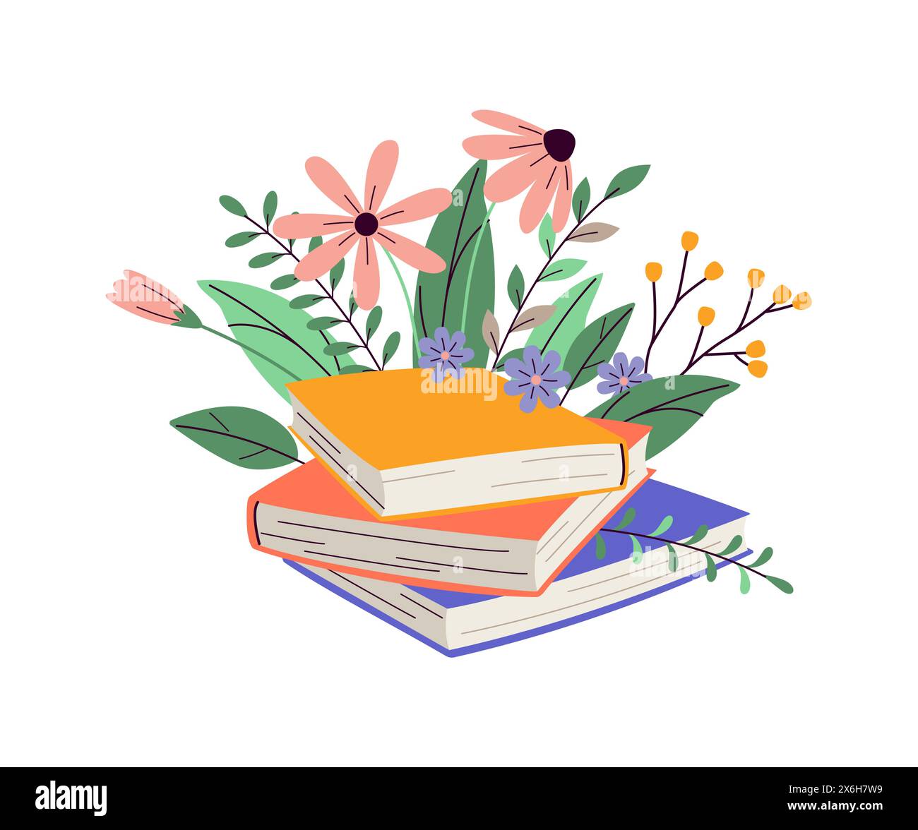 Books stack with fresh flower sand leaves 2D cartoon objects. Home ...