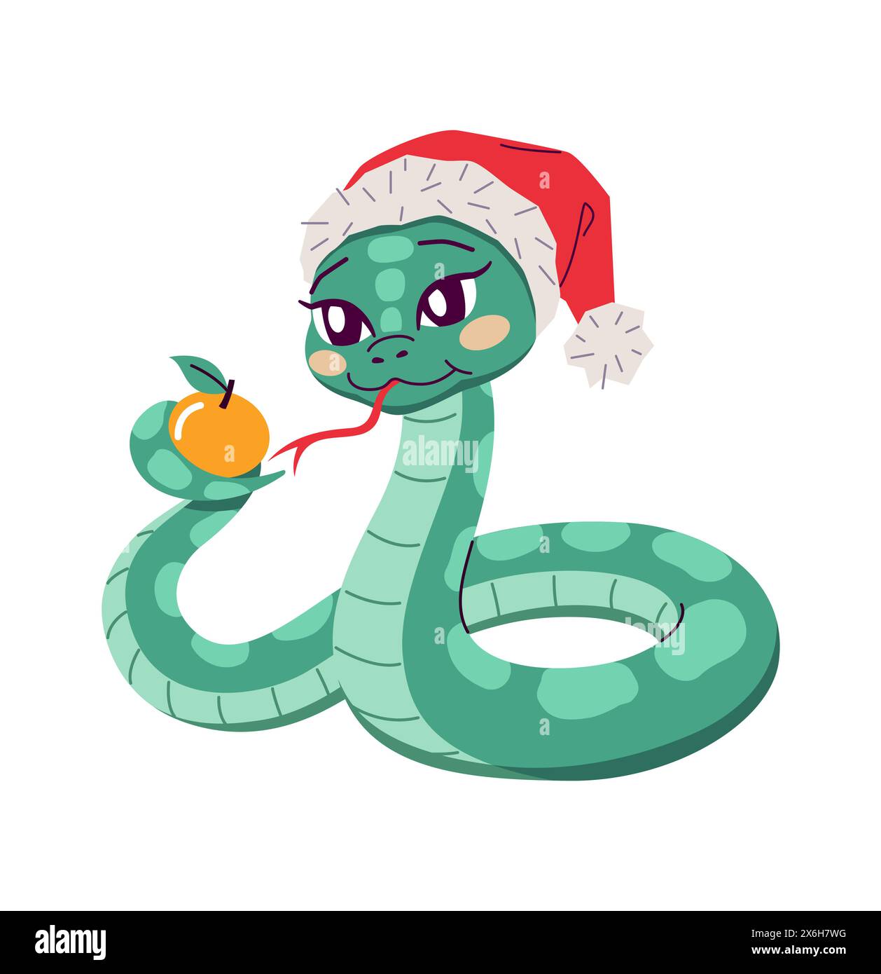 Cute snake with Santa hat and tangerine fruit 2D cartoon character ...