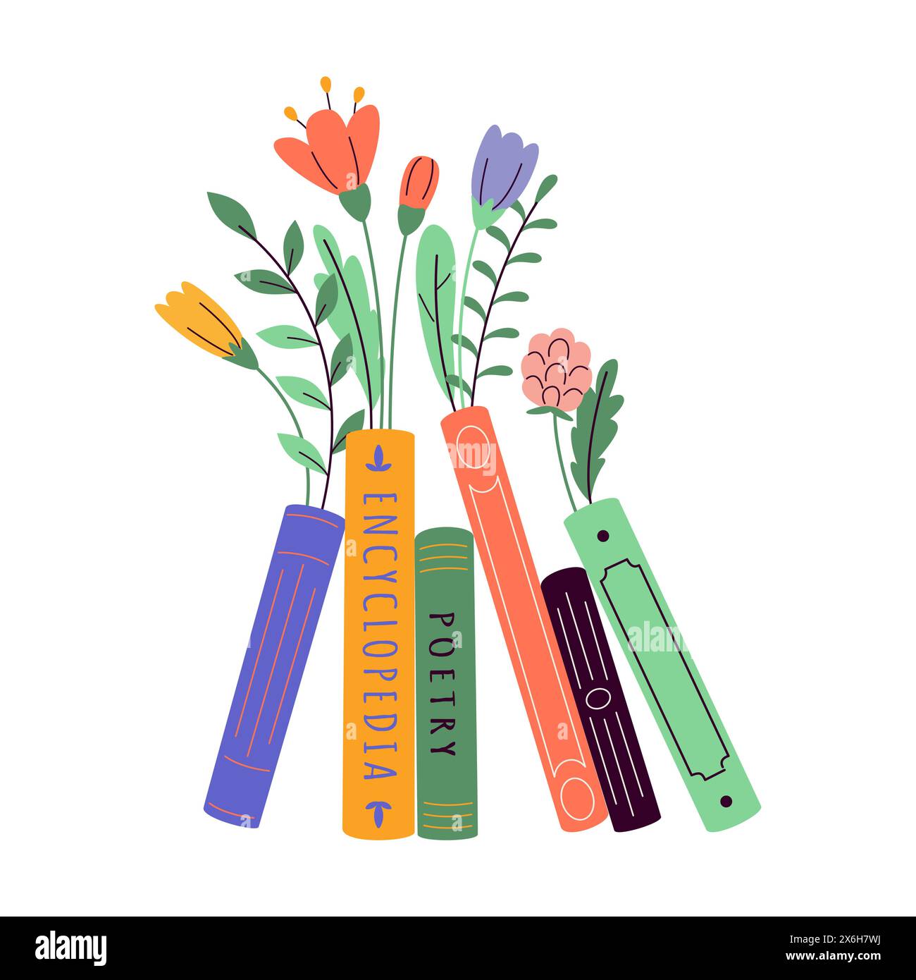 Books stack with fresh flower sand leaves 2D cartoon objects. Home ...