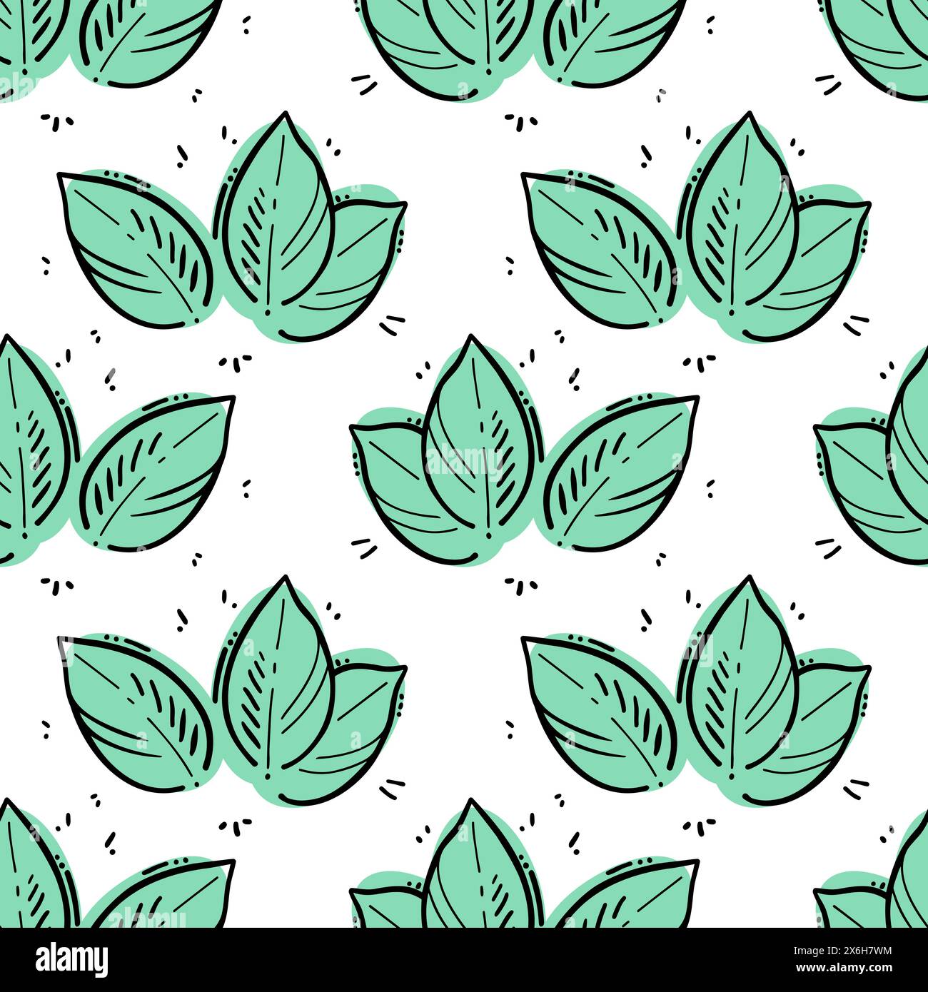 Pattern mint leaves stylized doodle, contour drawing on background of ...