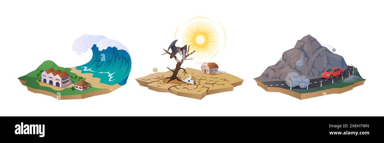 Tsunami, drought and falling rocks danger 2D cartoon objects set ...